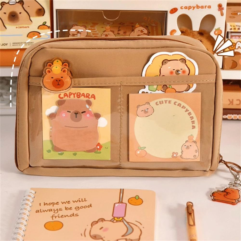 Capybara Pencil Case, Cute Capybara Pencil Case with 12 Compartments, Large Capacity Kawaii Pencil Case, 90° Wide Opening Mouth Pencil Pouch (Brown)