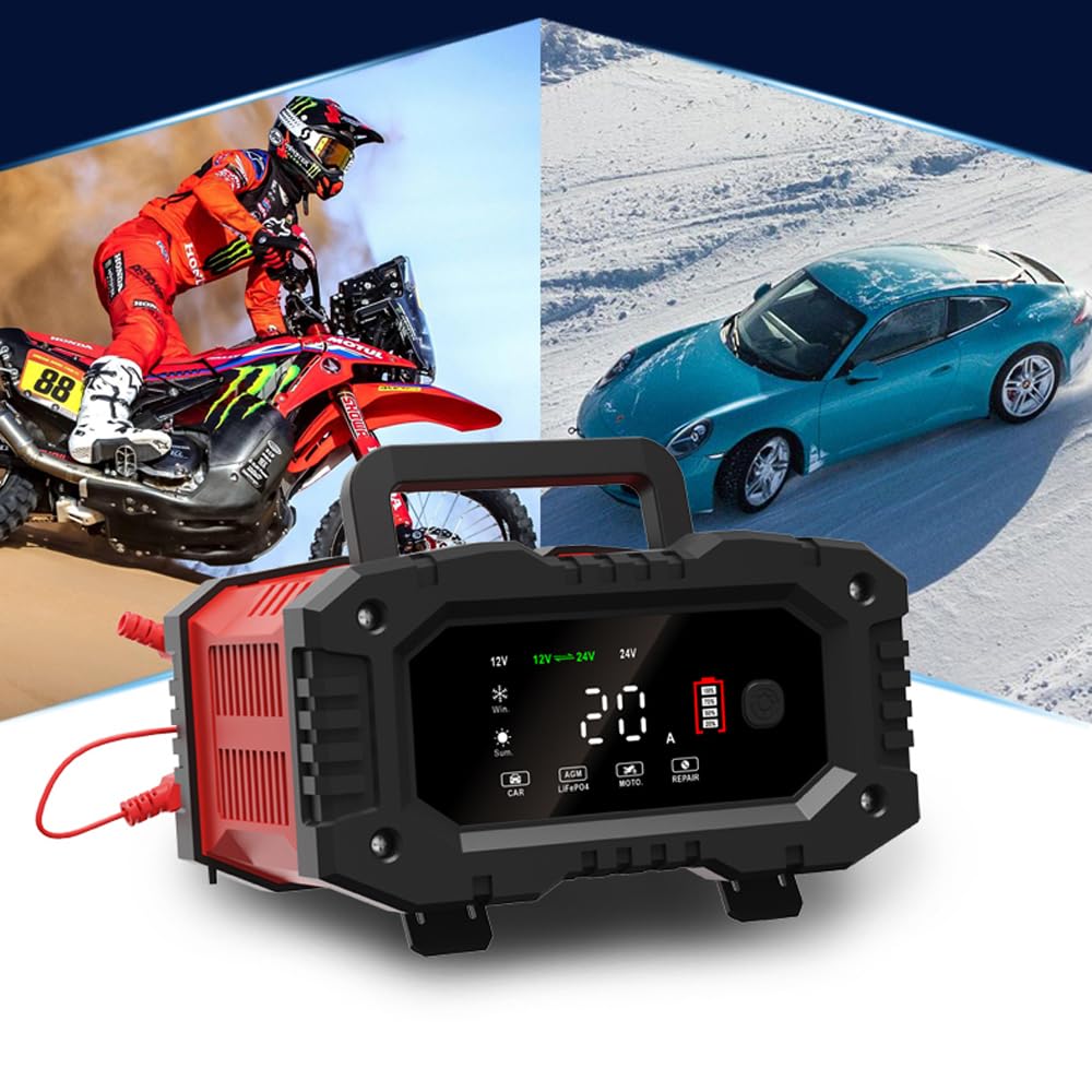 ATian Smart Battery Charger 12V/20A 24V/10A Automatic Battery Maintainer Auto-Volt Detection ,with LDC Display Tester for Car Motorcycle Lawn Mower AGM GEM Lead Acid Batteries (Red)