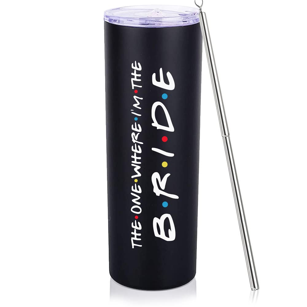Bachelorette Gifts For Bride Bridal Shower Gift For Bride 20oz Black Skinny Wine Tumbler Bride To Be Gifts For Her Wedding Day Engagement Gifts For Bride From Friends Sisters Wine Cup With Lip Straw