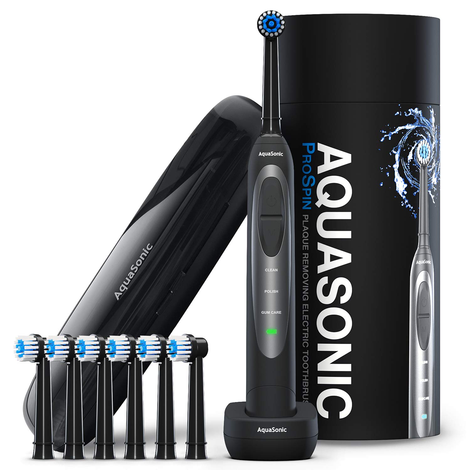 Aquasonic ProSpin Electric Toothbrush, Blue, Battery Powered, Unisex-Adults, 6 Dual-Action Brush Heads, Wireless Charging Dock, Custom Travel Case