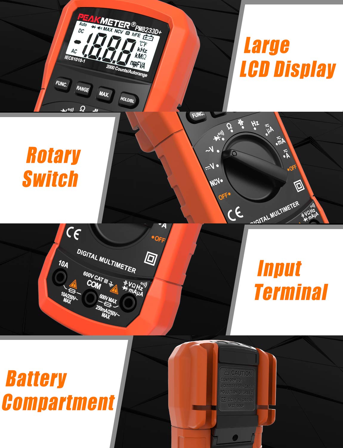 Auto-Ranging Digital Multimeter, AC/DC Amp Ohm Voltage Test Meter with Resistance, Continuity, Capacitance, Frequency and Diode Test; Multi Tester with Backlit Display, Data Hold and NCV