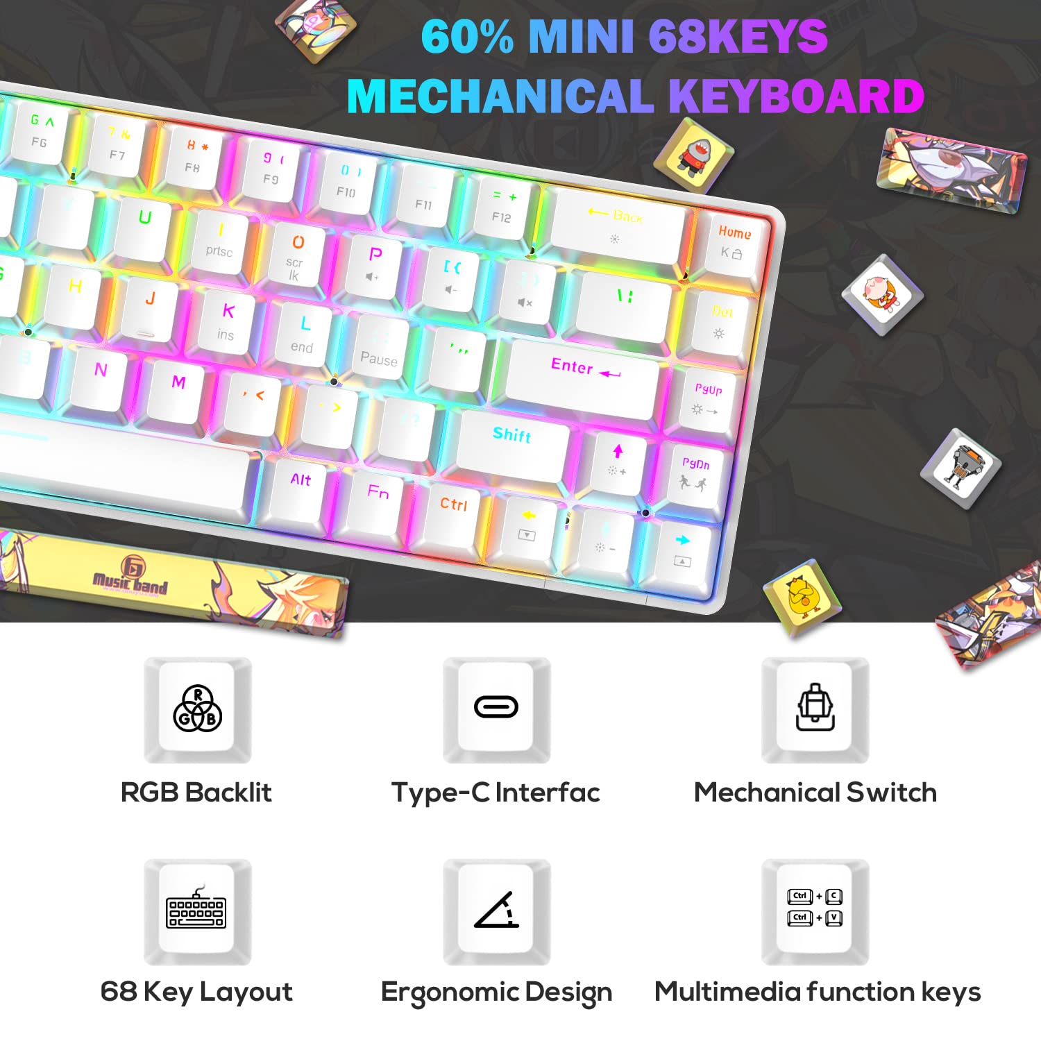 Portable 60% Mechanical Gaming Keyboard 18 Chroma RGB Backlit Ultra-Compact 68 Keys Dye Sublimation PBT Ergonomic Full Keys Anti-ghosting Compatible with PS4,PS5,PC,Gamers,Typist(White/Red Switch)