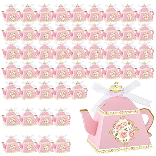 Fuutreo 50 Pcs Vintage Floral Teapot Box Flower Tea Party Gift boxes Teapot Candy Box tea Time party decorations for Tea Garden Wedding Bridal Birthday Baby Shower (Pink)