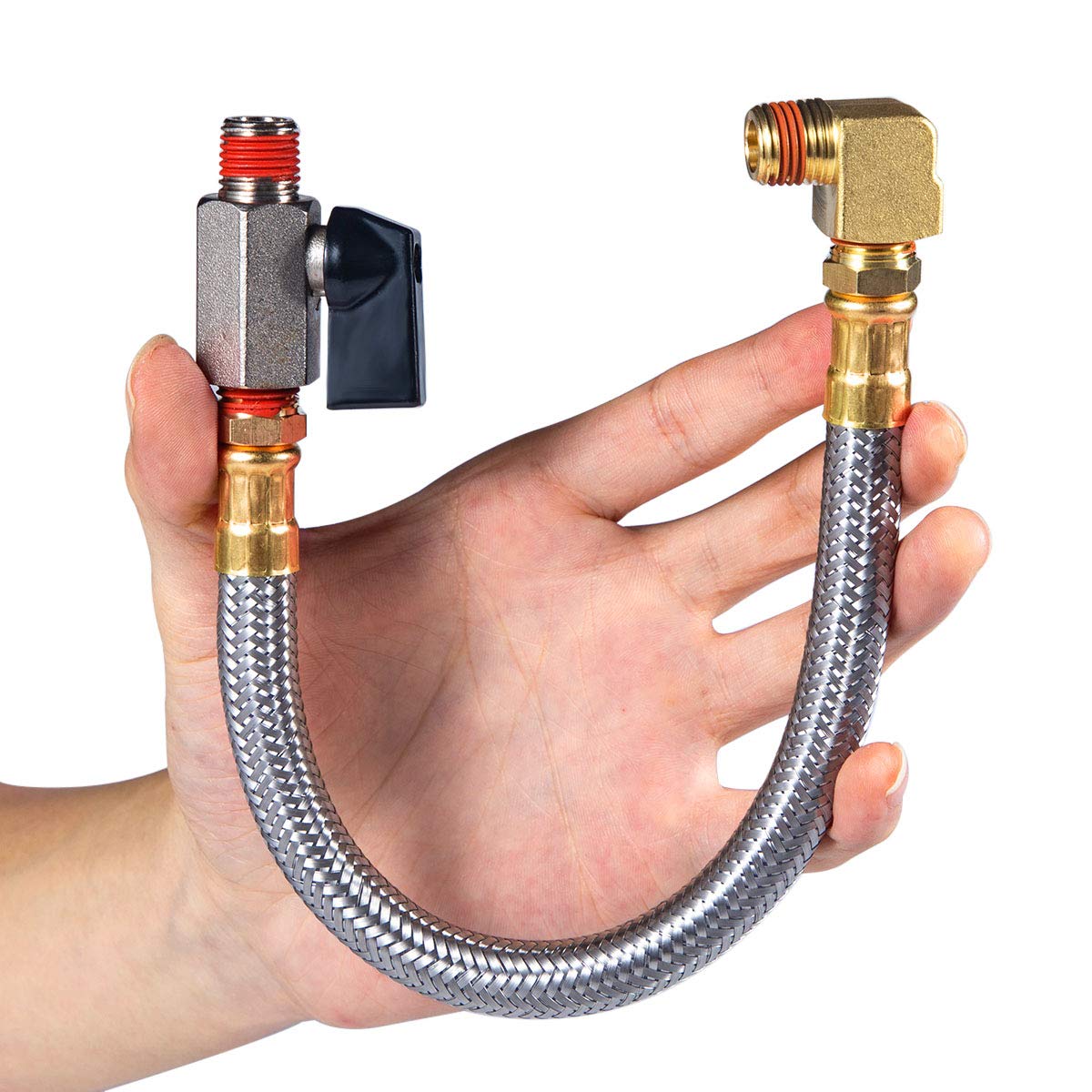 Breezliy Extended Tank Drain Valve Assembly Kit,10 Inch Braided Steel Hose 1/4 Inch NPT Drain Valve and Elbow Fitting for Air Compressor with Two Extra 1/4" to 3/8" Brass Adapter and Thread Seal Tape