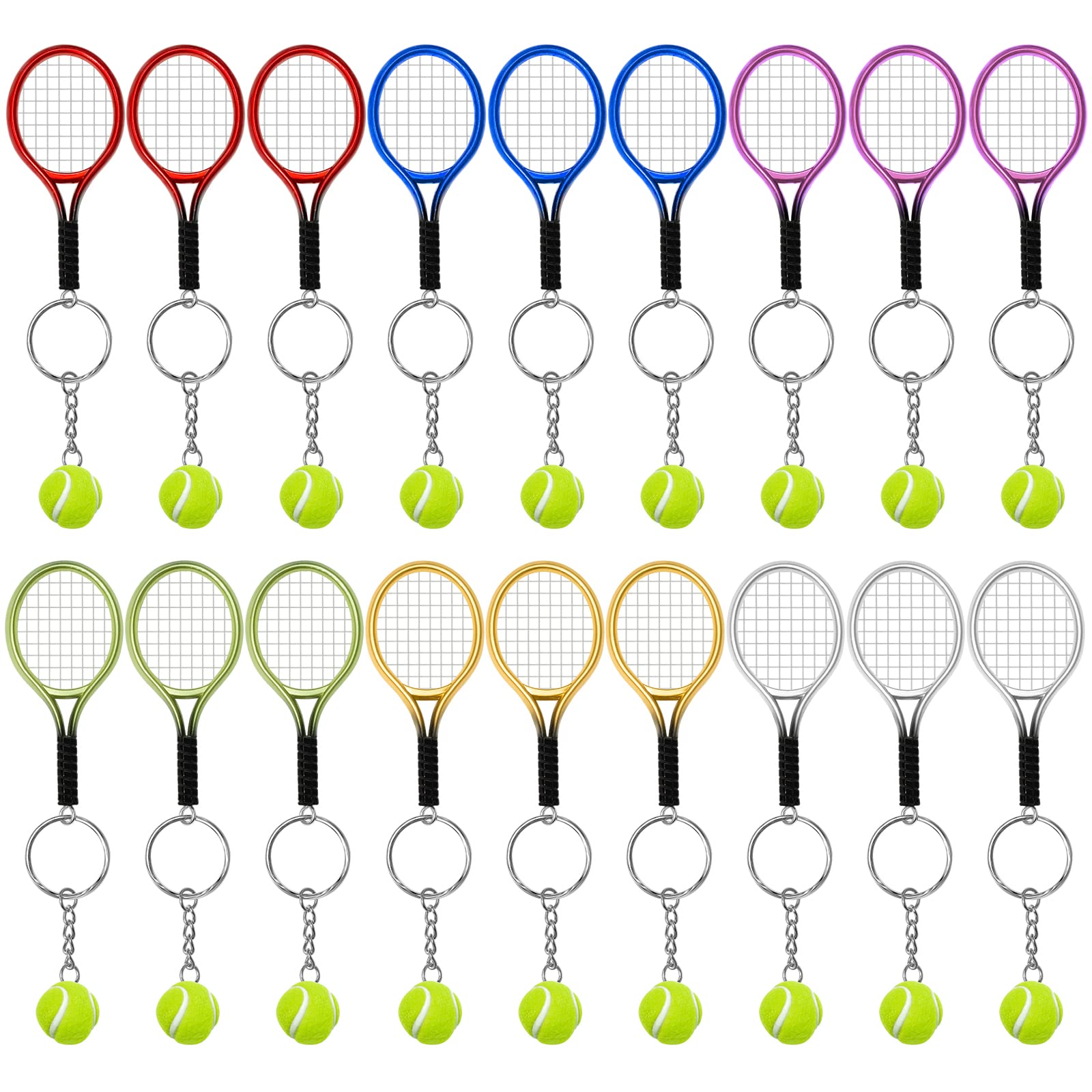 AUHOKY 18Pcs Mini Tennis Racket Keychain Key Ring, Fashionable Alloy Tennis Ball Split Ring, Sport Style Split Keychain for Sport Lovers Team - Exquisite & Lightweight(6 Colors)