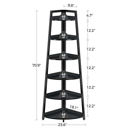 Rolanstar Corner Shelf, 6 Tier Modern Corner Bookshelf Industrial Corner Ladder Shelf Plant Stand for Display Rack for Living Room, Home Office, Bathroom, Small Space, Black
