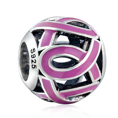 ARTCHARM Pink Ribbon Charm Breast Cancer Awareness Charm Beads Sterling Silver European-style Bead Charm