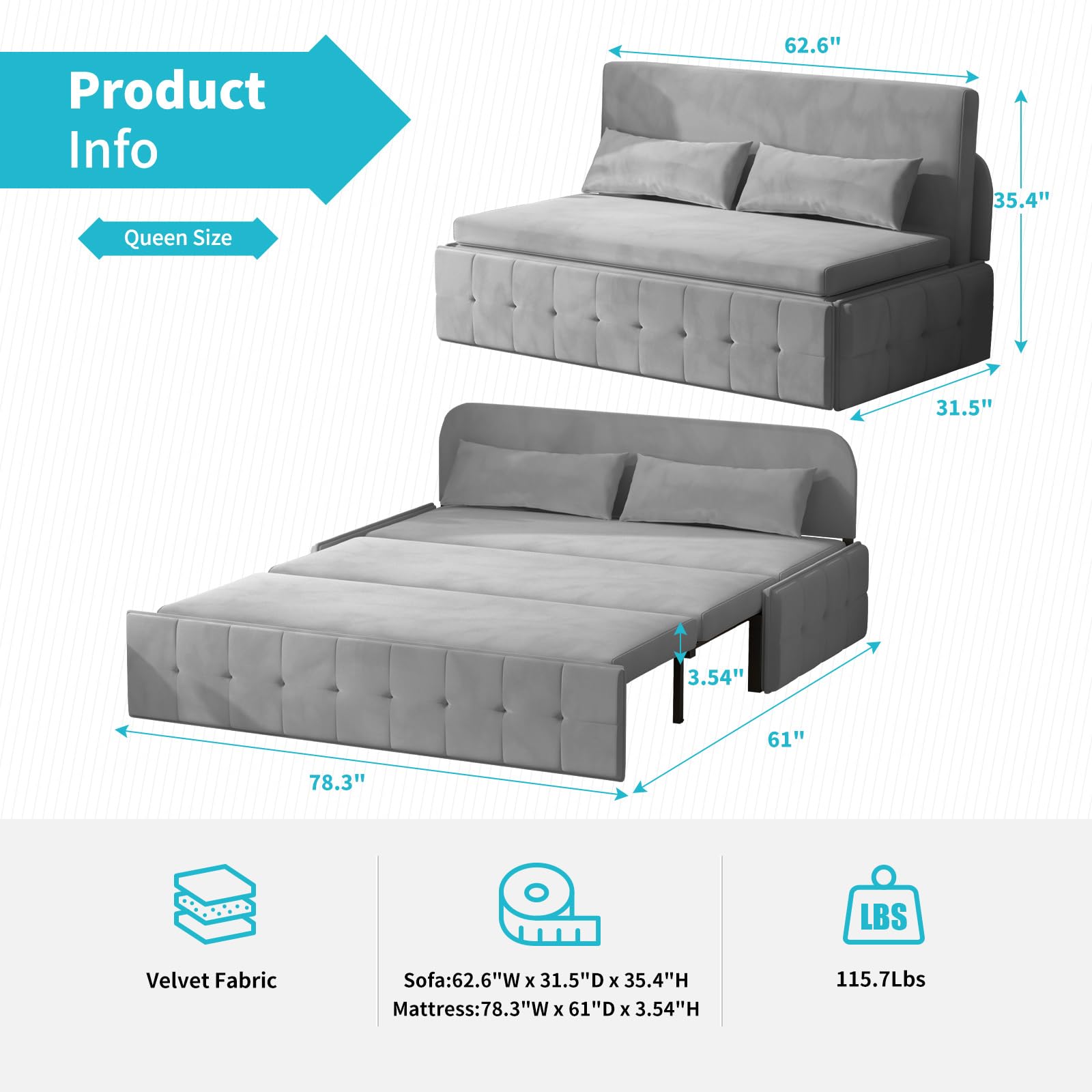 CECER Queen Size Pull Out Sofa Bed, Guest Couch Bed with 2 Pillows, Velvet Convertible Sleeper Sofa with Foldable Mattress, 3 in 1 Armless Loveseat Bed for Living Room,Small Space(Light Grey)