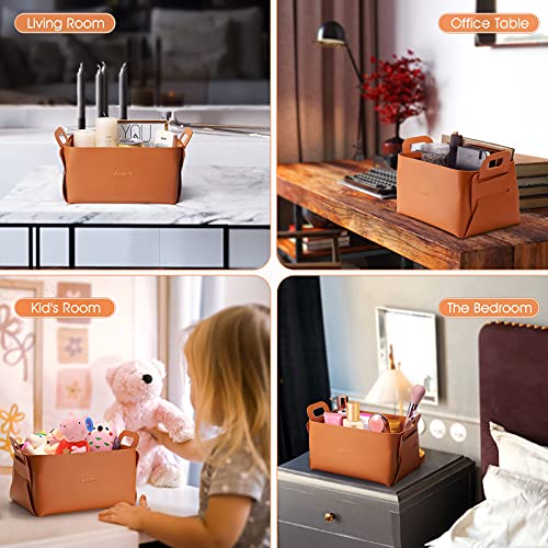 Small PU Storage Bins, Faux Leather Storage Basket with Handles, Collapsible Storage Bin for Closets, Shelves, Perfect for Organizing Keys, Remote Control, Wallet, Jewelry, Sunglasses, Gifts