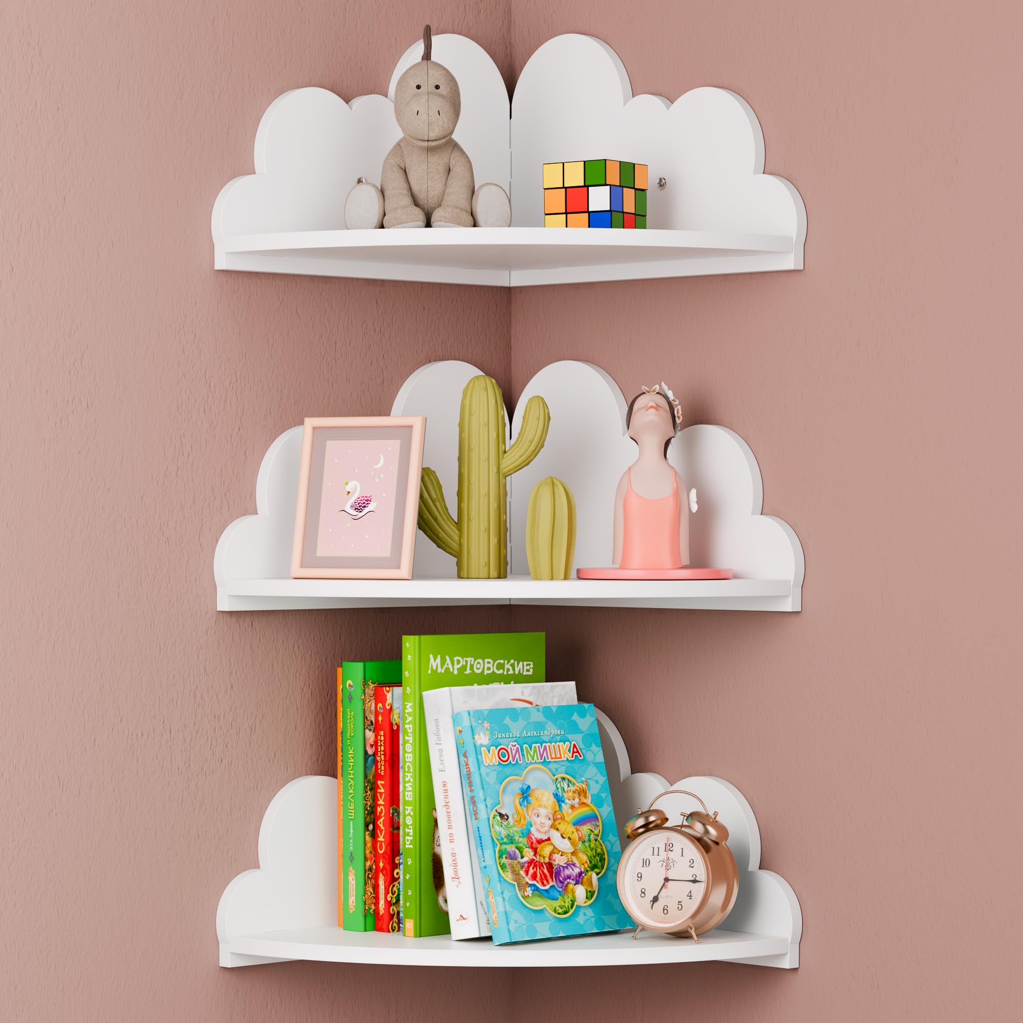 Beskadi Cloud Floating Corner Shelves - Set of 3 Cloud Corner Wall Shelves for Kidās Room, White Corner Shelf Nursery Wall Deor, Small Cute Cloud Dispaly Shelf Wall Mounted for Toys, Plants & Storage.