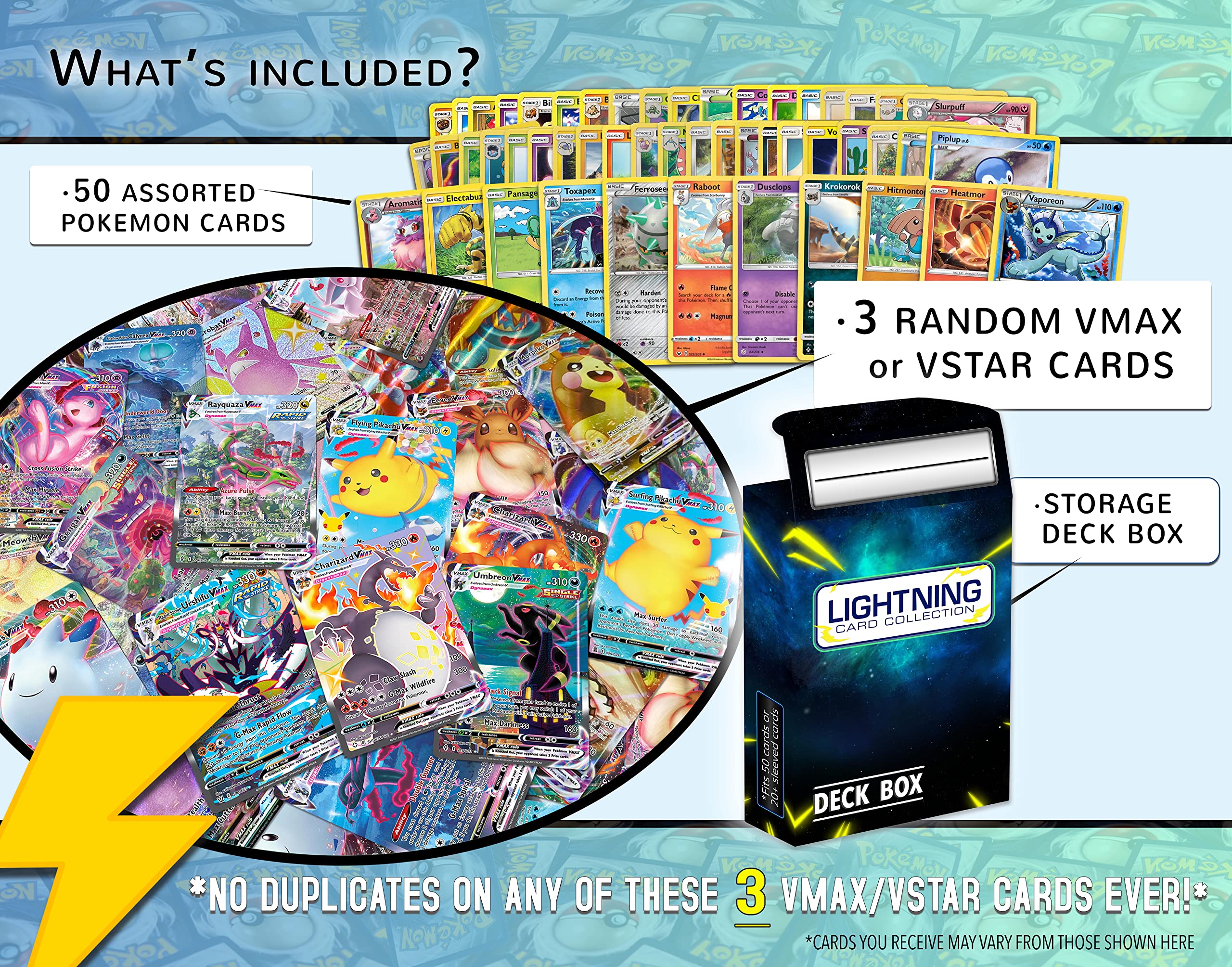 Lightning card collection Vmax/Vstar Bundle |Collectible Trading Card Deck Box Bundle with 50 Pokemon Cards That Includes a Vmax or Vstar Card