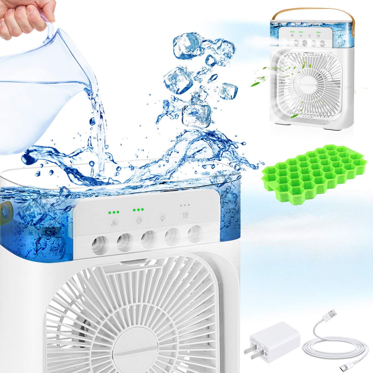 Portable Air Conditioner Fan,900ML Personal Air Conditioner with Ice Tray,5in1 Timming Evaporative Air Cooler,Cooling Fan with 7 Colors Light, 5 Sprays,3 Speeds,Ac Fan for Small Room,Office,Car,Camp (White)