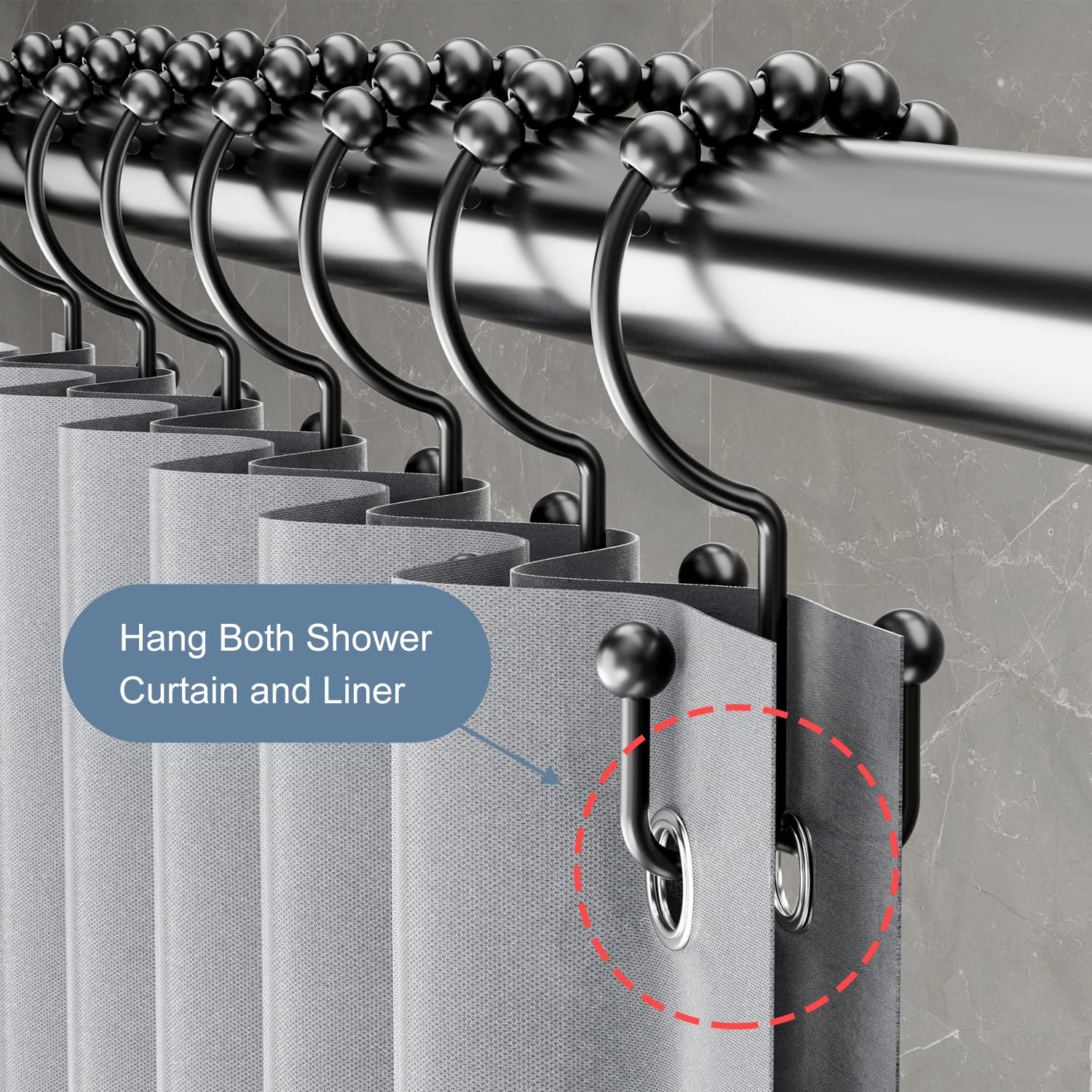 BBLHOME Shower Curtain Hooks Rings, Sturdy Shower Curtain Hooks Rings Rust Proof Metal Double Sided Shower Hooks Rings for Bathroom Shower Curtain Rod Curtains, Set of 12 Hooks, Black