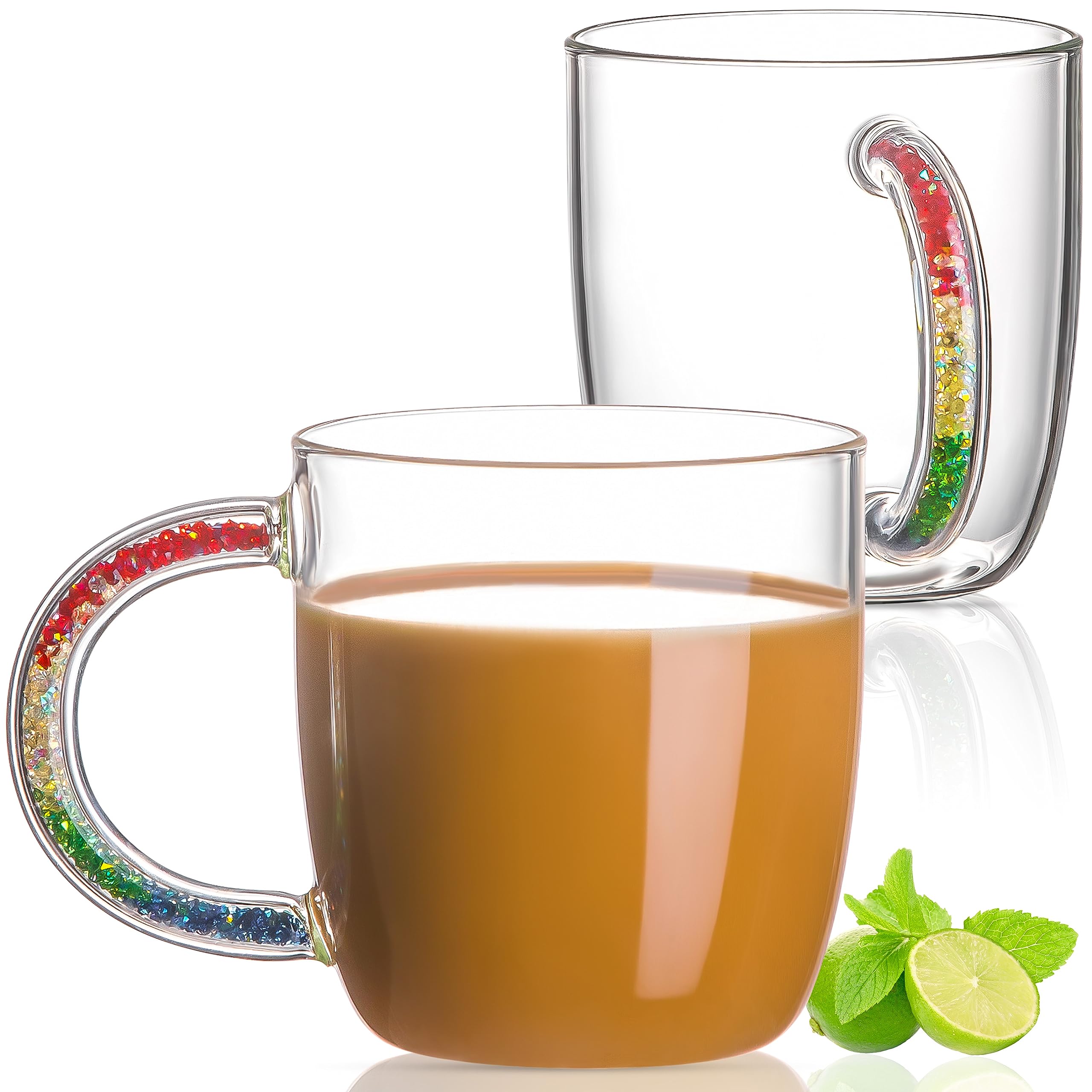 Aquach Large Glass Mugs Set of 2, Each 20oz Capacity with Handle Clear Glass Coffee, Tea, Beverage Cups