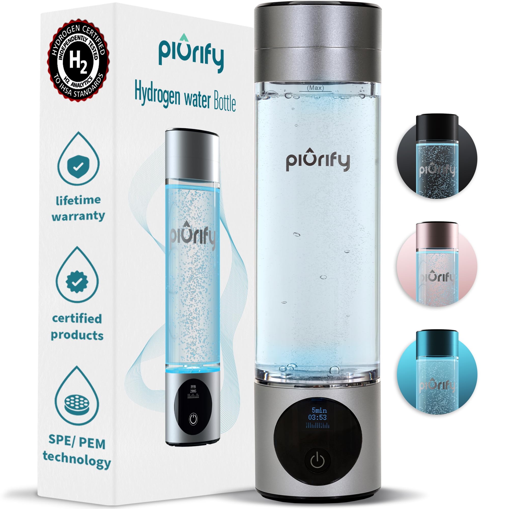 PIURIFY - 9.5 Oz Hydrogen Water Bottle Generator - up to 4100ppb Easy to use Hydrogen Water Machine with Advanced SPE/PEM Technology, Water Ionizer, Hydrogenated Water, Hydro Water Bottle (Silver)