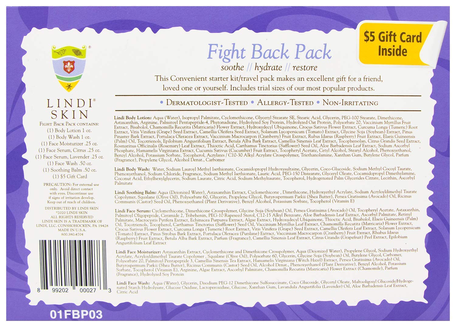 LINDI SKIN Fight Back Pack - Starter Kit That Includes Body Lotion, Body Wash, Face Serum, Face Moisturizer, Soothing Balm, and Face Wash for Chemo Rash, Radiation Burn & Other Cancer Side-Effects