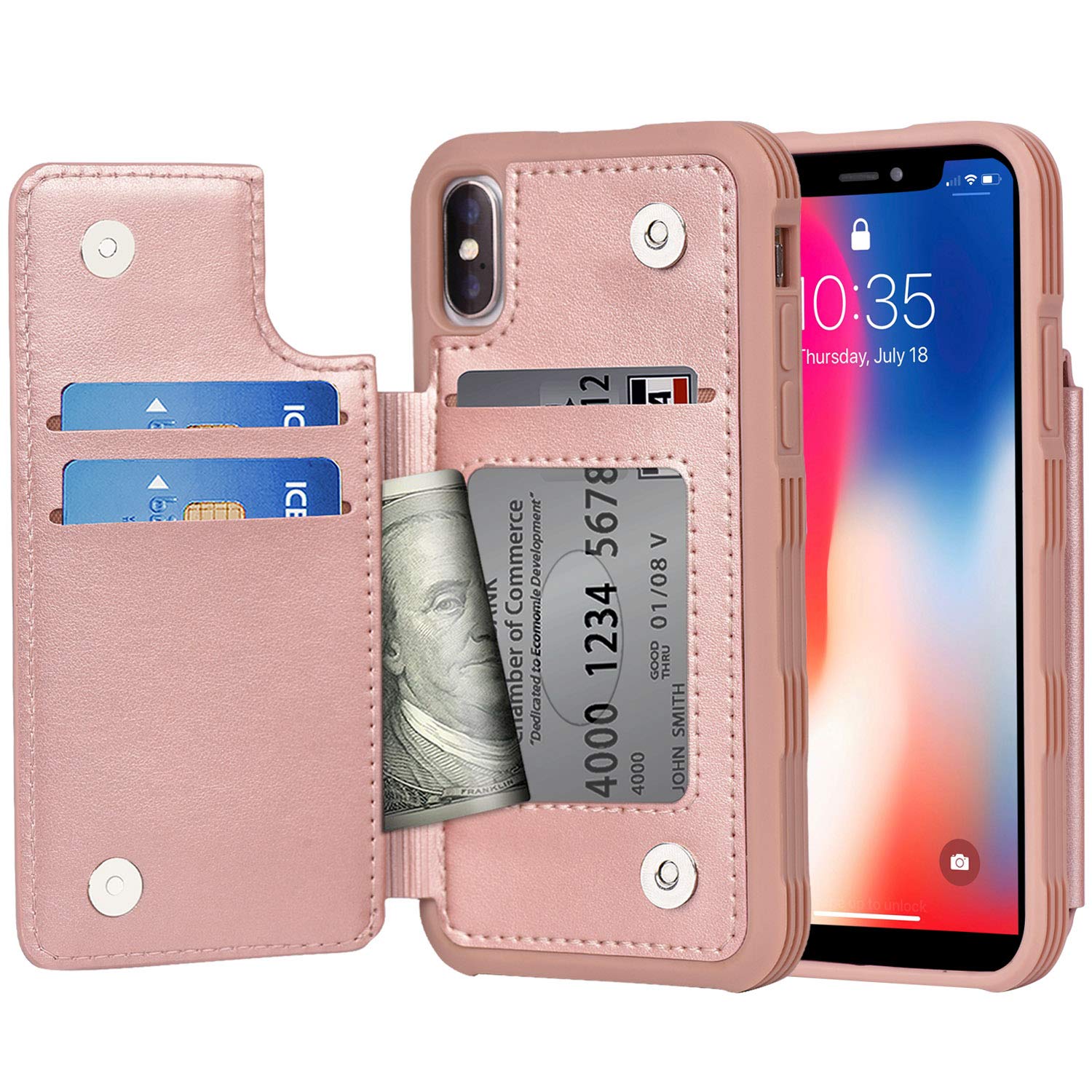 Arae Case for iPhone 7 Plus/iPhone 8 Plus - Wallet Case with PU Leather Card Pockets [Shockproof] Back Flip Cover for iPhone 7 Plus / 8 Plus 5.5 inch (Rosegold)