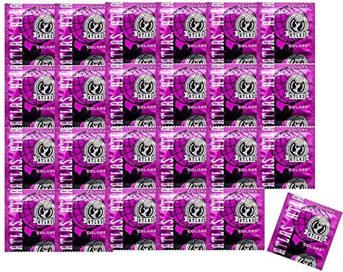 Atlas Premium Condom Colors Lubricated Latex Condoms Bulk (Red, Orange, Yellow, Green, Blue, & Purple.) : Pack 100 Condoms