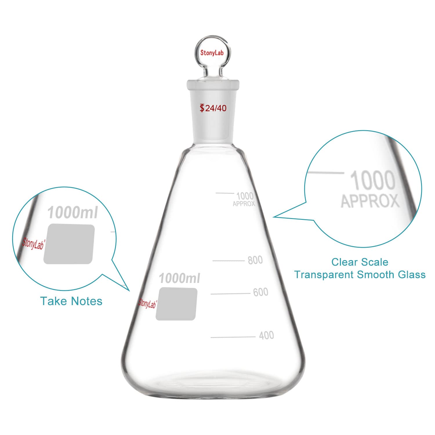 stonylab Glass 24/40 Erlenmeyer Flask with Stopper, 1000 ml Borosilicate Glass Heavy Wall Flask with 24/40 Standard Taper Outer Joint and Glass Stopper