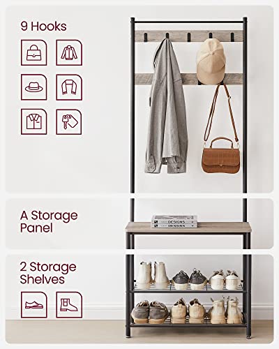 VASAGLE Coat Rack, Hall Tree with Shoe Storage Bench, Entryway Bench with Shoe Storage, 3-in-1, Steel Frame, for Entryway, 12.6 x 27.6 x 69.8 Inches, Industrial, Greige and Black UHSR41MB