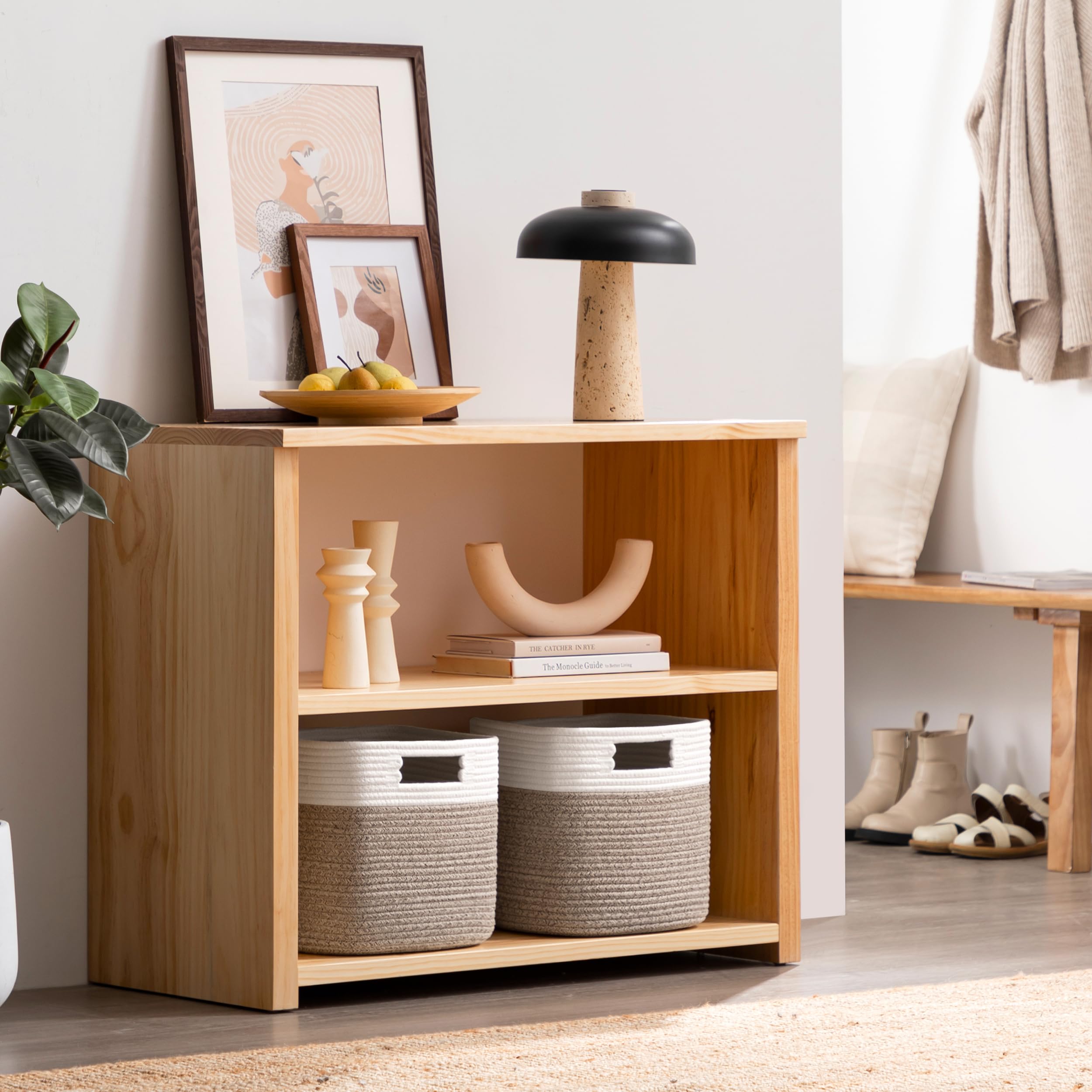 Dreamcountry 13x13 Cube Storage Bins, Storage Cubes with Handles, 4 Pack Cotton Rope Basket for Shelves, Cube Storage Organizer forToys, Book, Clothes, Home, Office, Nursery, White/Brown