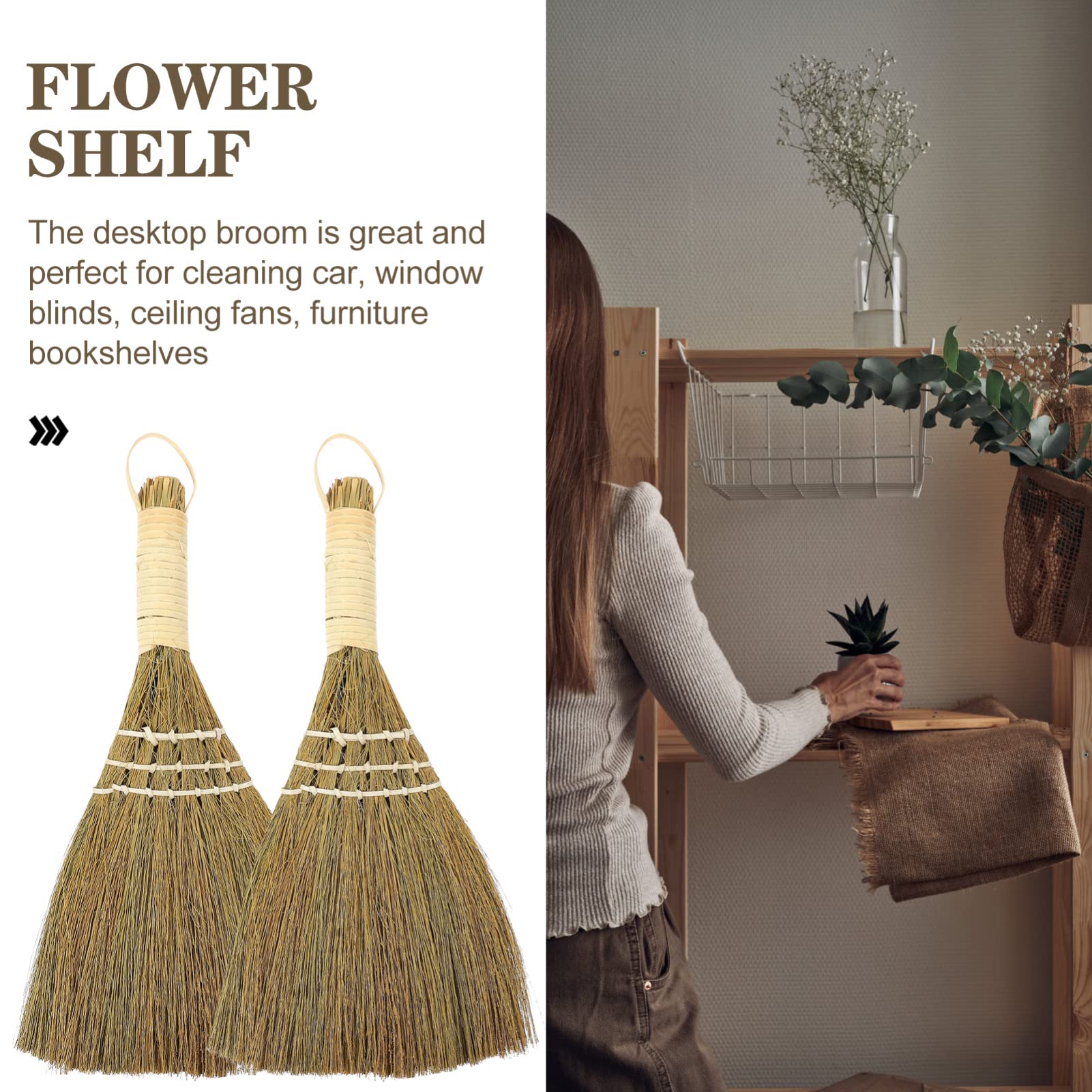 BESTonZON Manual Broom Vintage Broom 2Pcs Desktop Broom Retro Asian Straw Broom Natural Flower Grass Broom Manual Whisk Broom for Home Kitchen Sweeping Broom Short Handle Broom