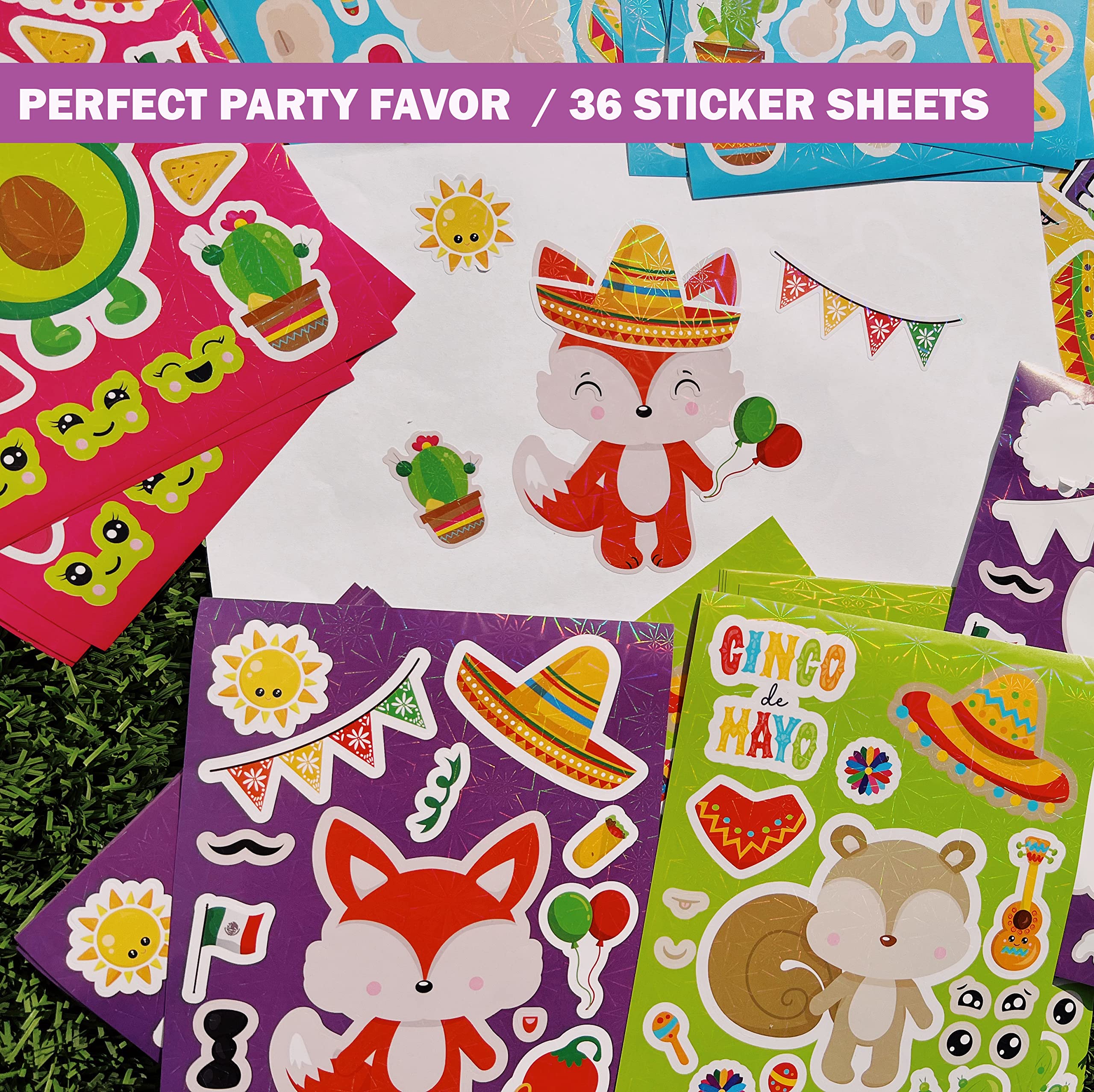 Mexican Cinco de Mayo Animal Stickers 36pcs Holographic Party Favor Supplies