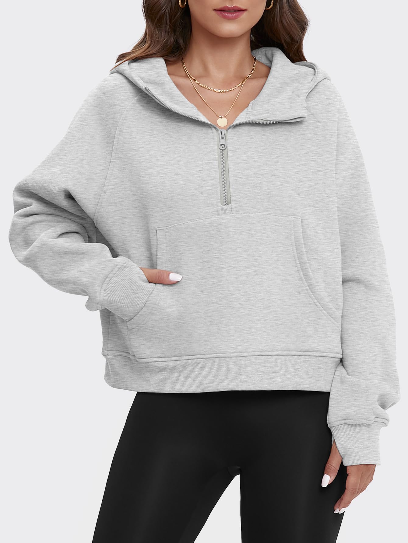 ATHMILE Half Zip Pullover Womens Sweatshirts Cropped Quarter Zipper Oversized Hoodies Sweater 2023 Fall Fashion Outfits Cute Trendy Clothes Grey