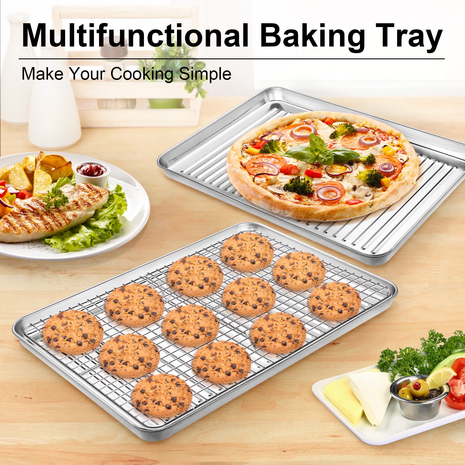 Baking Half Sheet with Rack Set (2 Pans + 2 Racks), Size 16 x 12 x 1 Inches, AIKWI Stainless Steel Cookie Pan with Cooling Rack for Oven, Nonstick Bakeware, Easy Clean & Heavy Duty