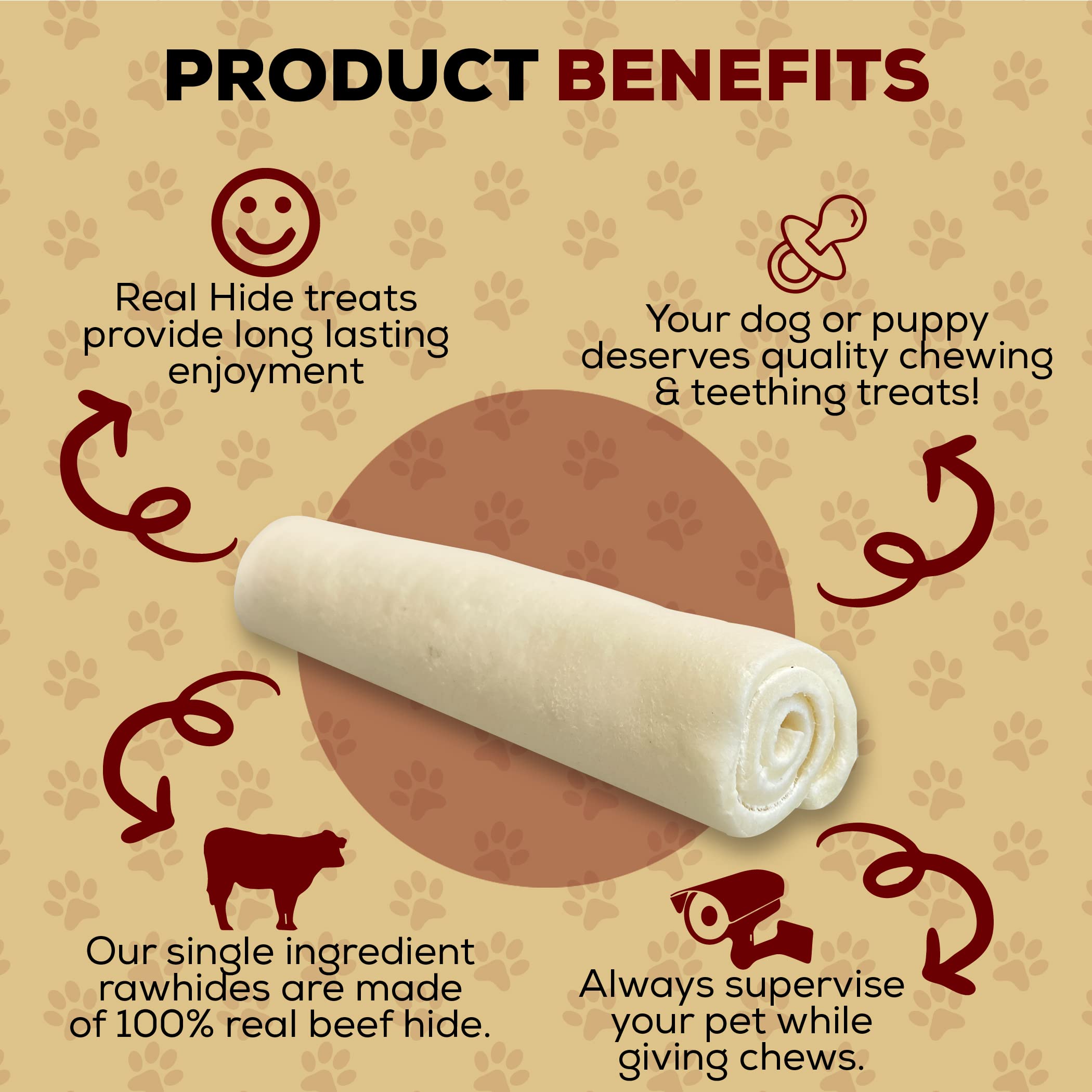 Real Hide | All Natural Dog Chew Treats - Premium Rawhide Rolls, 9-10 Inch - Long Lasting Grass Fed Free Range Beef Hide - Medium/Large Dogs - 4 Count