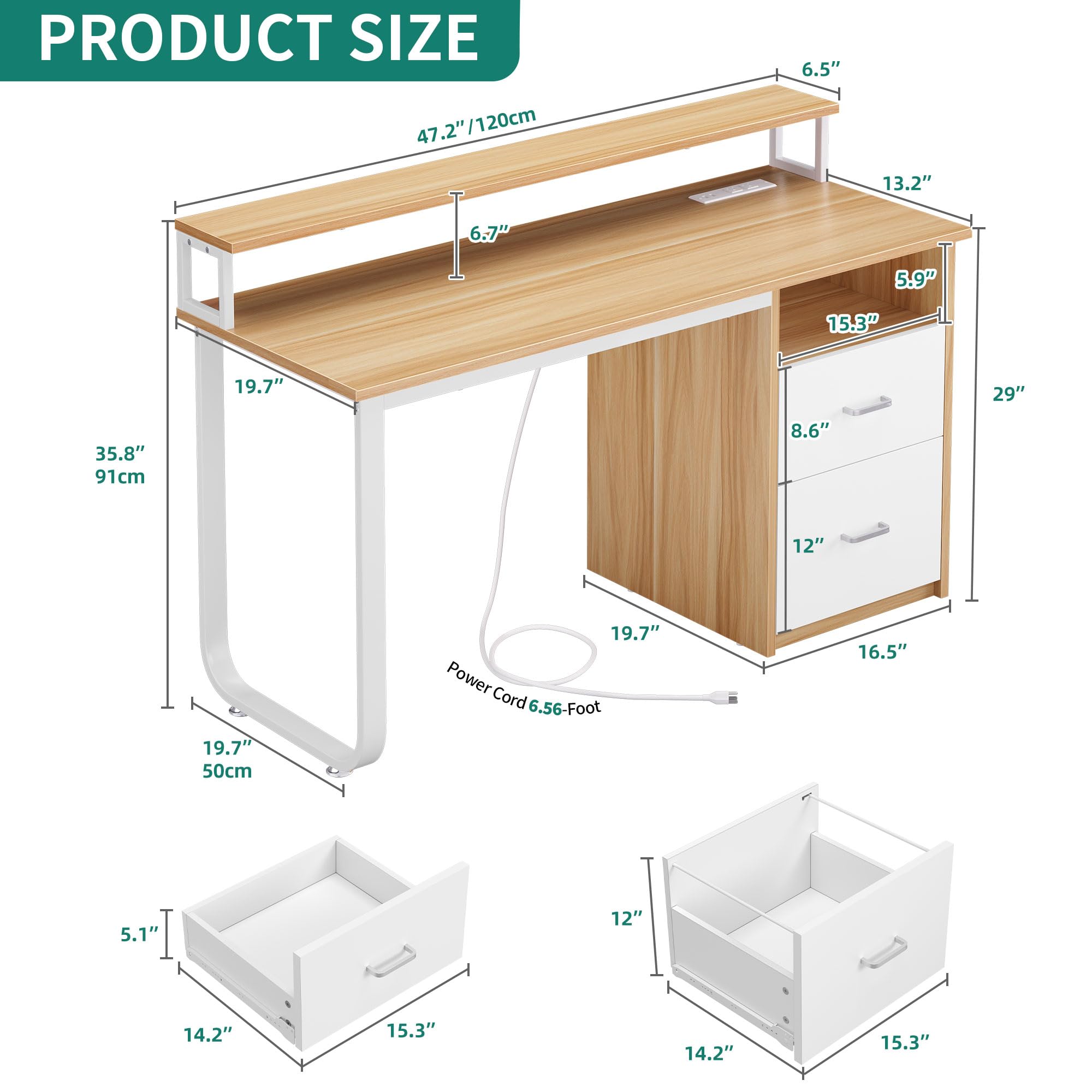 YITAHOME Computer Desk with Drawers, 47.2" Office Desk with Power Outlets & LED Light, Home Office Desk with Storage Shelves, Wood Grain