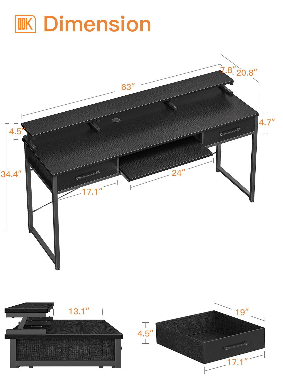 ODK Computer Desk Study Table, 63 Inch Office Desk with Drawers and Keyboard Tray, Study Desk Work Desk with Monitor Shelf, Writing Desk with Storage for Home Office, Black