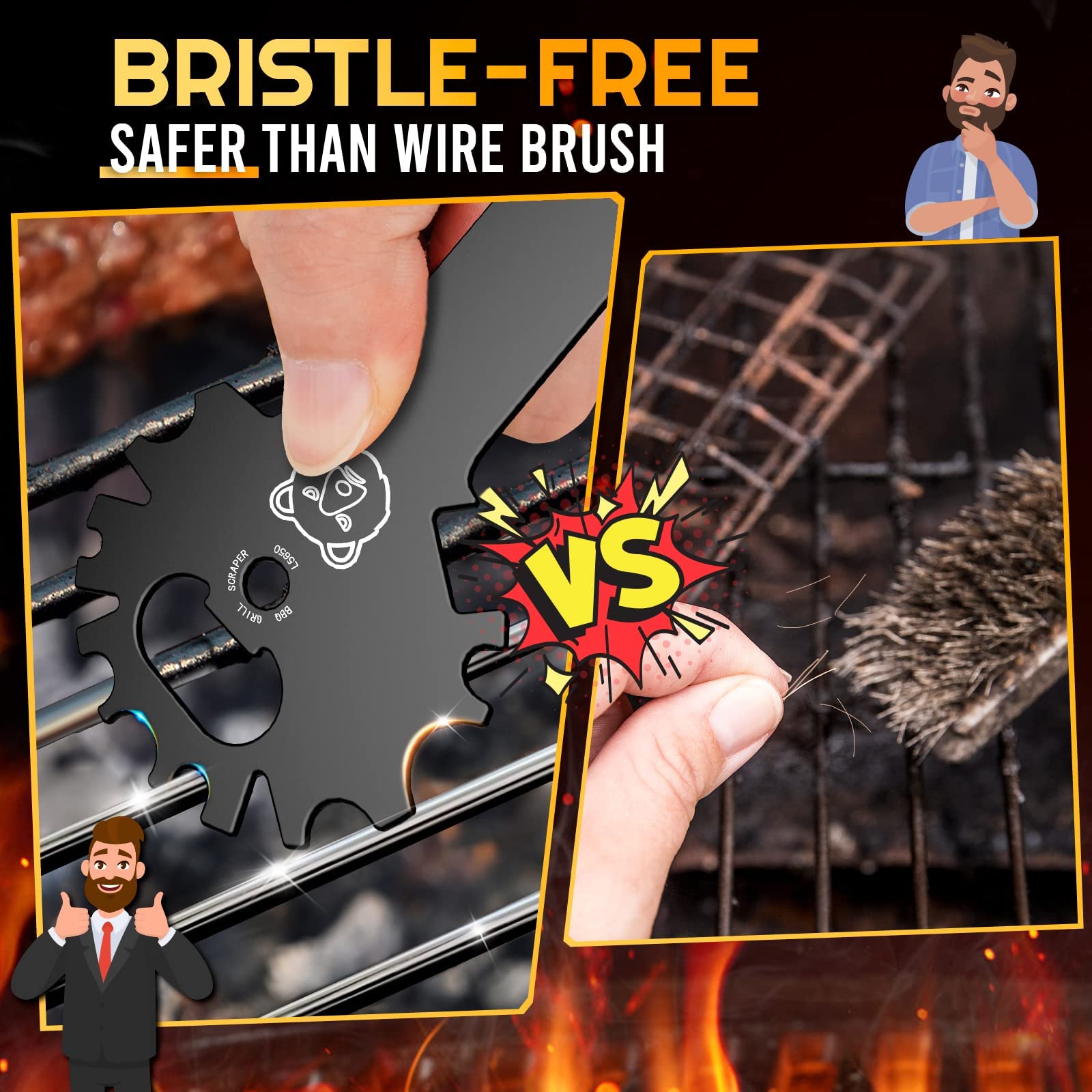 BBQ Grill Scraper Stocking Stuffers for Men Women Adults Husband Father Mom Kitchen Cool Gadgets Tool Accessories Long Handle Grate Grilling for Camping Cooking, Dark Black