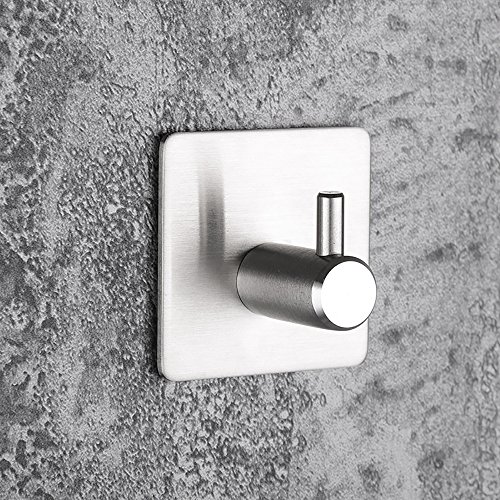 SKEMIX Self Adhesive Hooks,Heavy Duty Wall Hooks Coat Hooks Robe/Towel Hooks, 304 Stainless Steel Brushed Nickel Bathroom Kitchen Organizer (4-Pack)