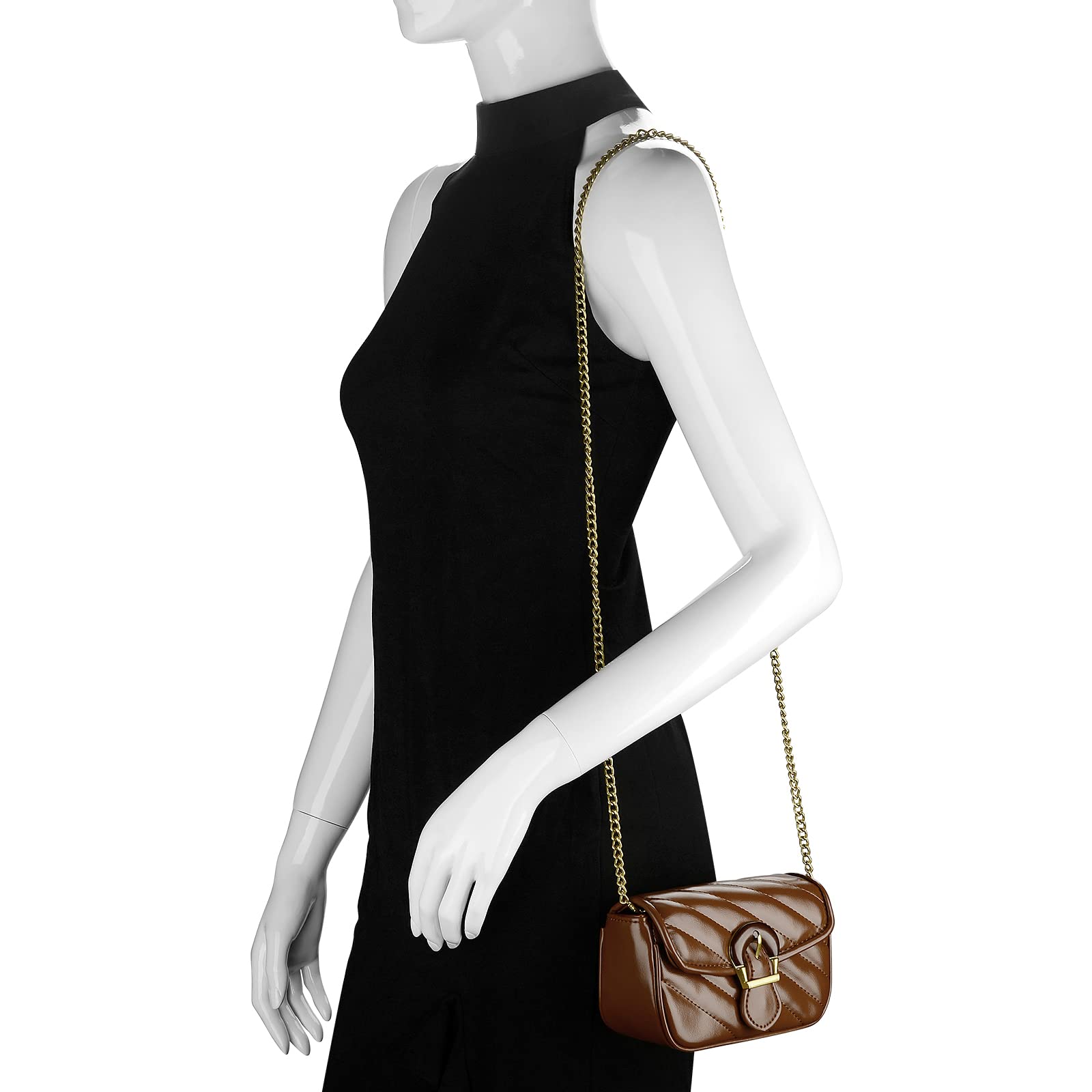 Linkidea Mini Quilted Crossbody Bag for Women, Lattice Brown Shoulder Small Purses, Vegan Leather Cute Cellphone Clutch Evening Handbags with Fashion Chain Strap