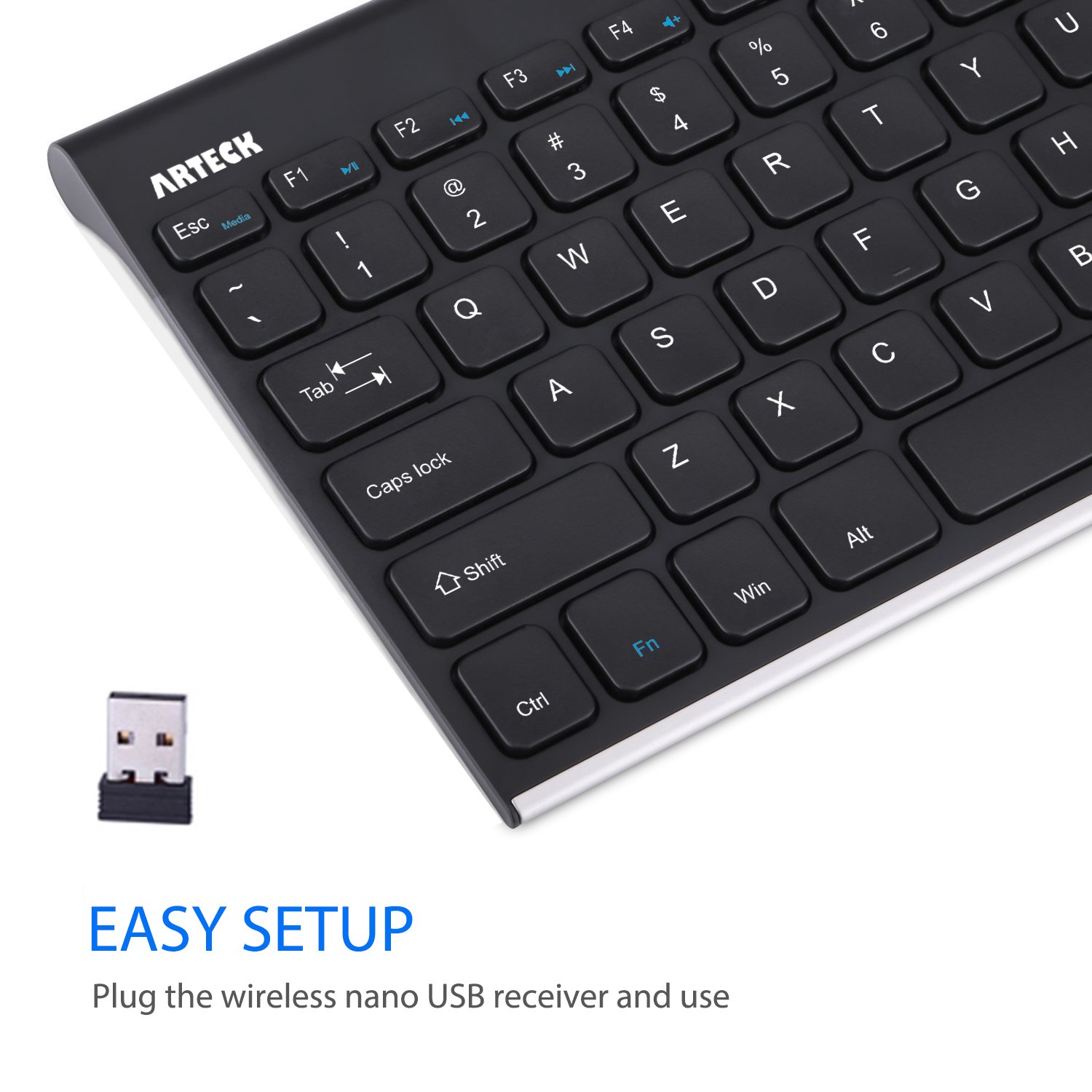 Arteck 2.4G Wireless Keyboard Stainless Steel Ultra Slim Keyboard for Computer/Desktop/PC/Laptop/Surface/Smart TV and Windows 11/10 / 8/7 / Vista/XP Built in Rechargeable Battery