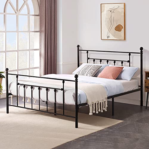 VECELO Queen Size Metal Platform Bed Frame with Headboard and Footboard, Heavy Duty Slat Support/No Box Spring Needed Mattress Foundation/Underbed Storage Space, Victorian Style, Black