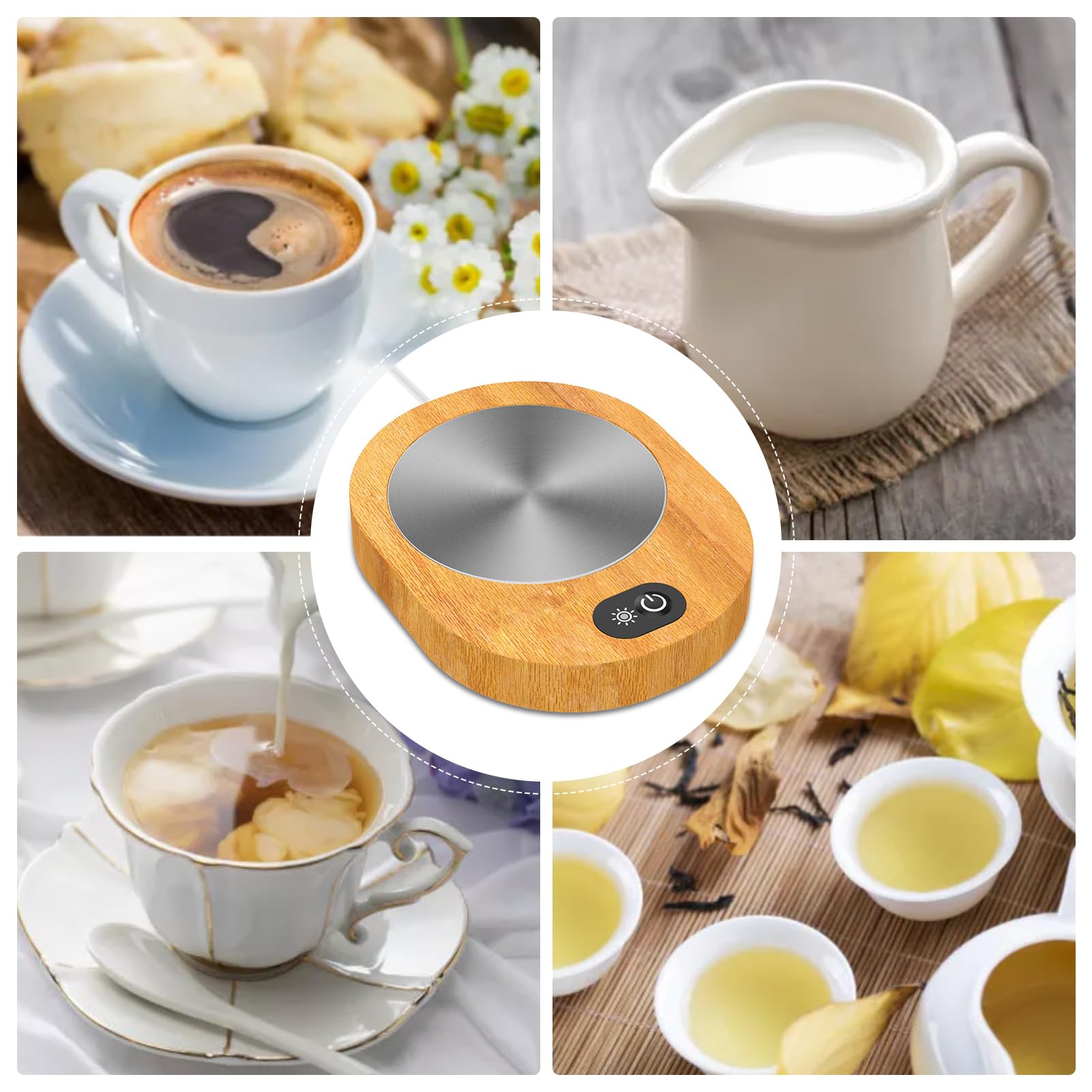 Coffee Mug Warmer, Abs Smart Beverage Cup Warmer, Battery Operated Candle Warmer Plate, 55-65°c Tea Cup Warmer, USB Rechargeable, Wood Style Warmer Plate, Touch Control Coffee Heater for Tea Coffee