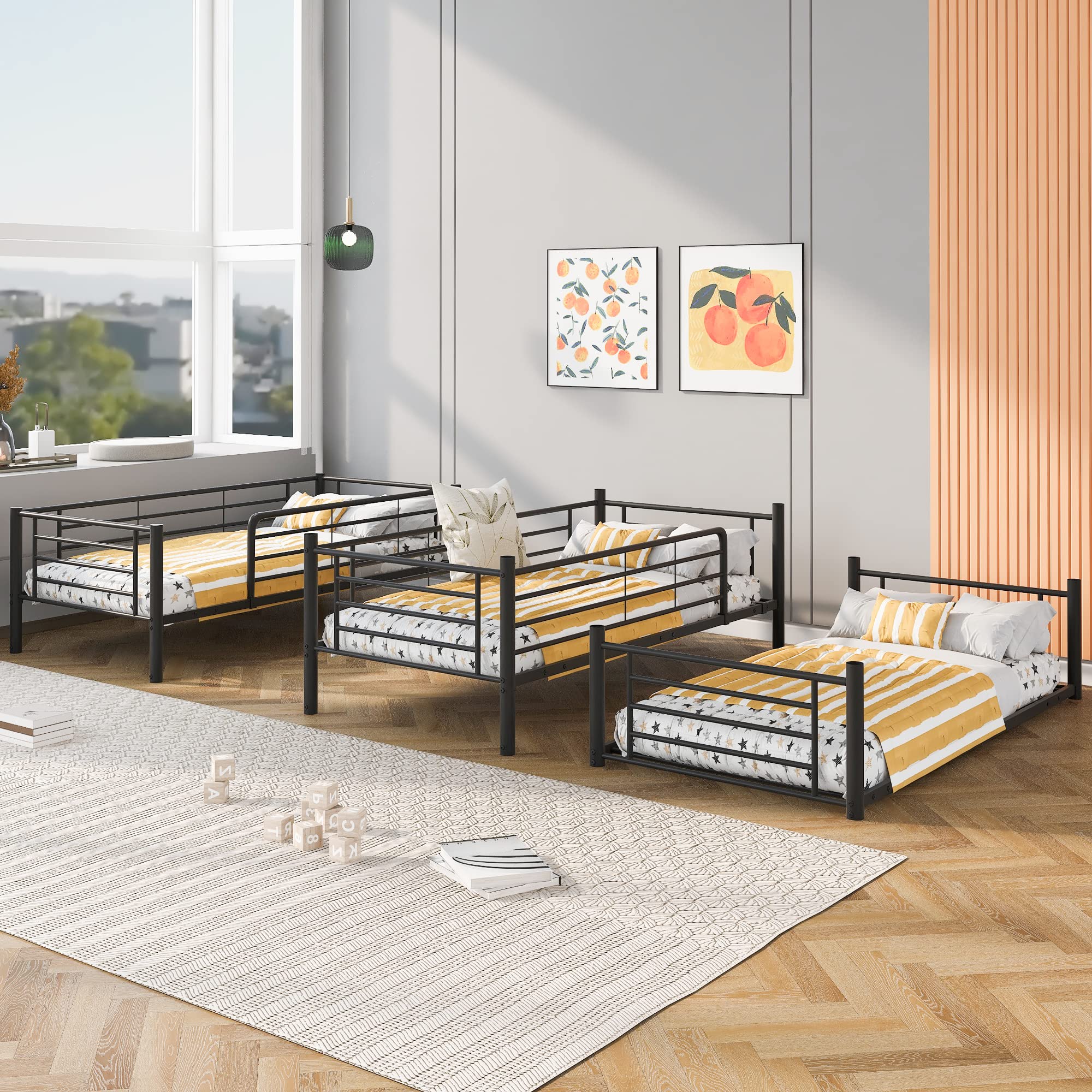 Majnesvon Metal Twin Size Triple Bunk Bed, Twin-Over-Twin-Over-Twin Triple Bed Frame Can be Split into 3 Bed with Built-in Ladder and Guardrails for Teens, Boys, Girls (Black)