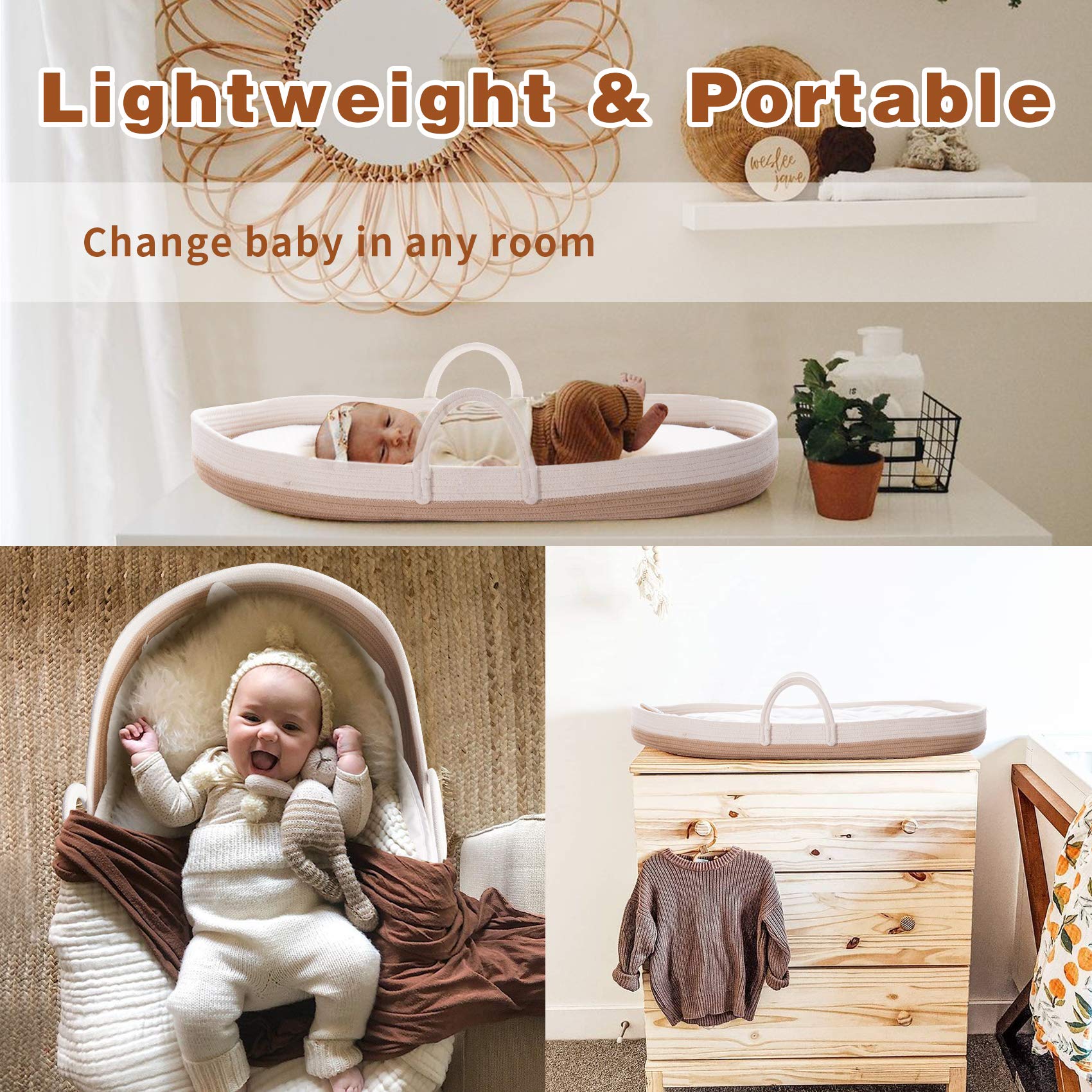 Baby Changing Basket with Storage Bag, Moses Basket for Babies, Thick Diaper Changing Pad, Leaf Shape Pad, Waterproof Leather Pad, Cotton Rope, Changing Table Topper for Dresser, Portable