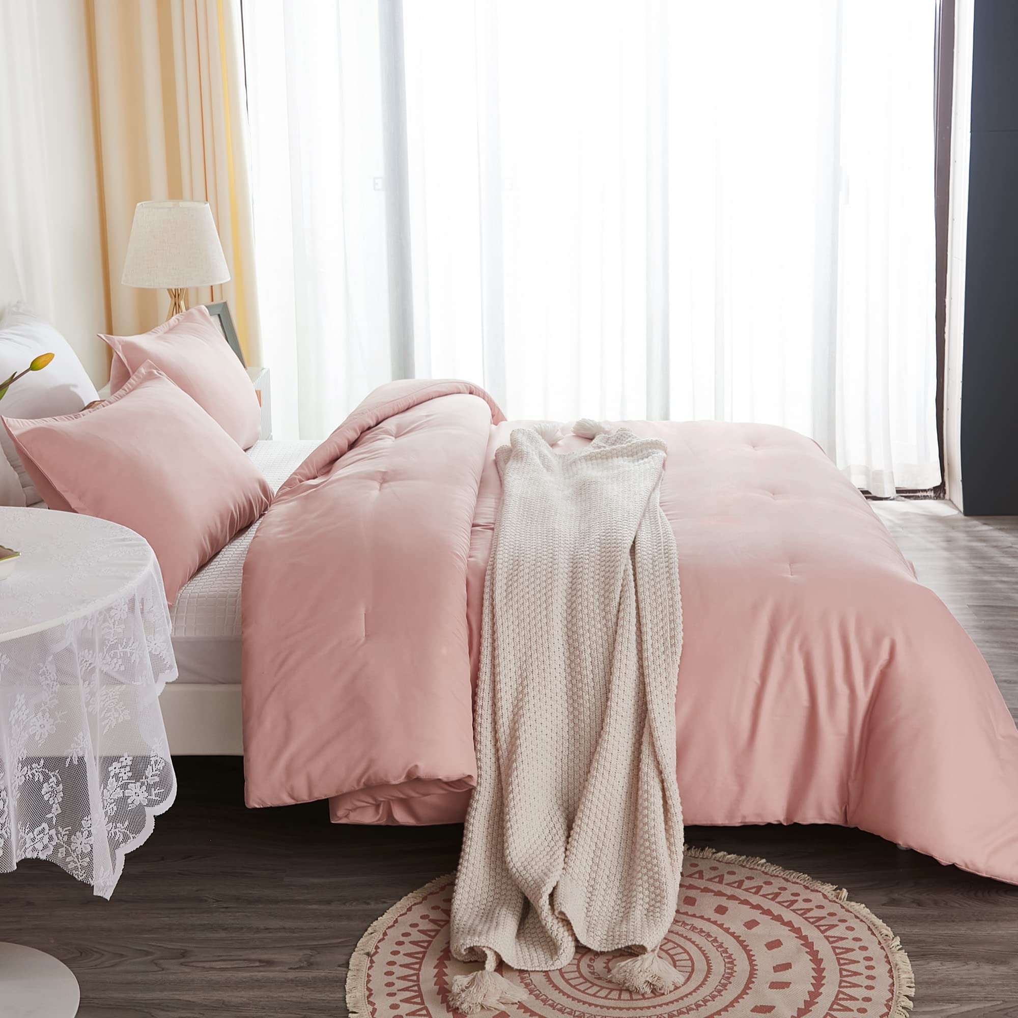 Litanika Pink Twin Comforter Set for Girls, 2 Pieces Kids Blush Plain Bedding Comforter Set, All Season Bed Set (66x90In Comforter & 1 Pillowcase)