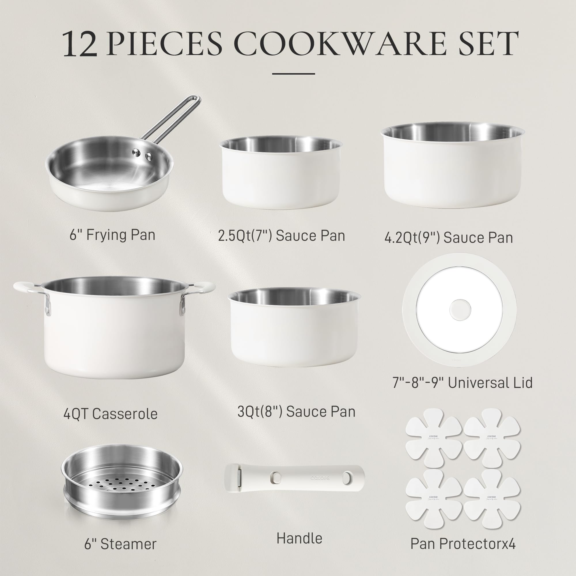CAROTE 12pcs Pots and Pans Set, Glossy Stainless Steel Cookware Set Detachable Handle, Induction Kitchen Cookware Sets with Removable Handle, RV Cookware Set, Oven Safe, Camping Cookware