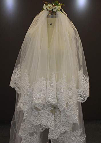 Berrysun Wedding Veil Wedding Accessory 3 Meters Two Layers Full Edge with Sequins Blings Sparkling Lace Luxury Long Wedding Veils White Ivory Bridal Veil (Color : White)