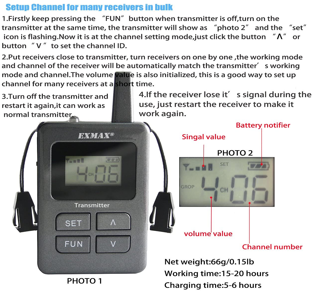EXMAX ELGT-470 UHF Wireless Whisper Acoustic Transmission System Church Translation Teaching Summit Simultaneous Interpretation Walking Tour 1 Transmitter 12 Receivers + Silver Aluminium Storage Case