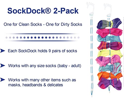 SockDock Sock Laundry Tool & Storage Hanger for Washing Drying & Storing Paired Socks, Clips & Locks, No Sorting or Matching, Foldable Closet Organizer Better Than Mesh Bag, 2-Pack (Blue)