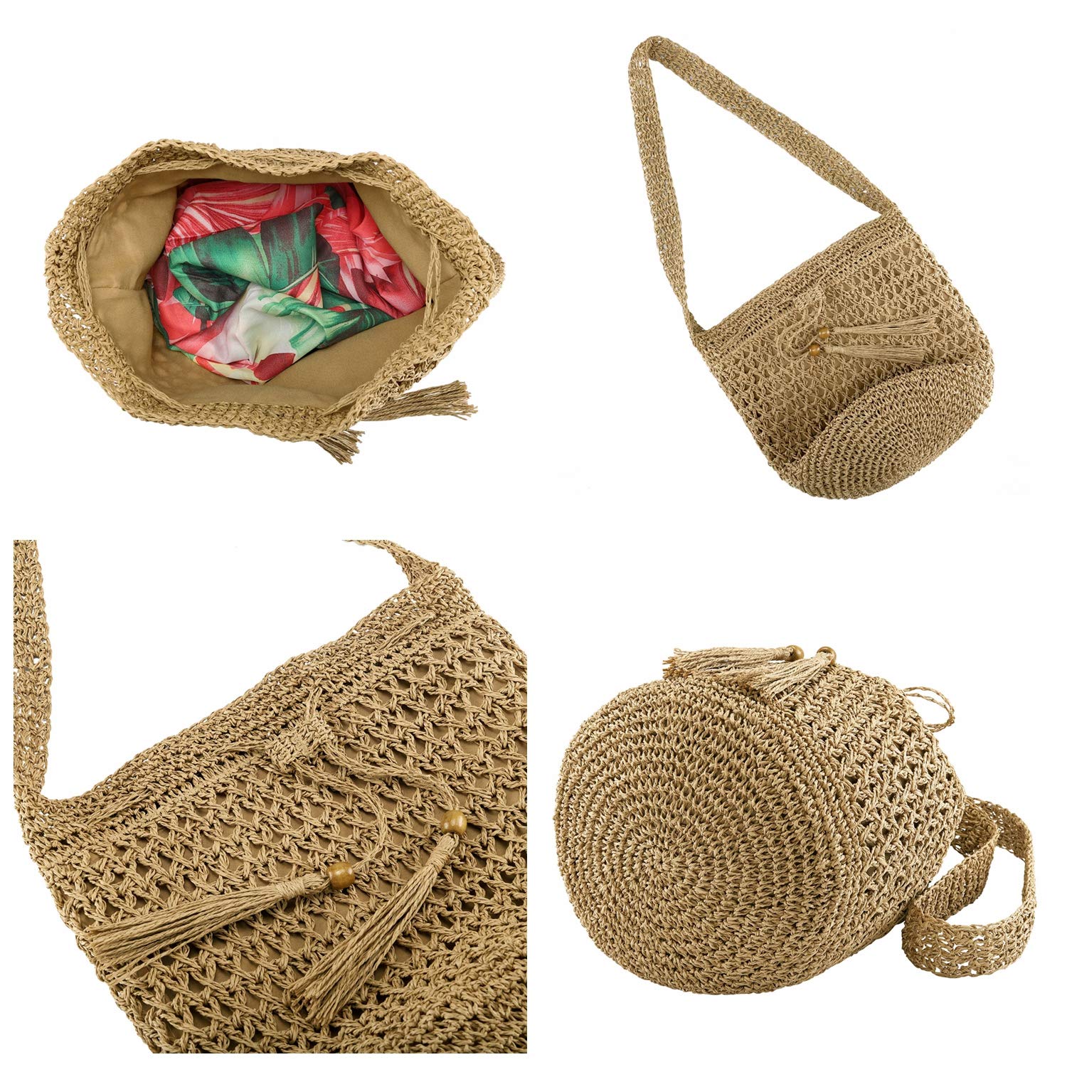 Ayliss Women Beach Handbag Straw Crossbody Shoulder Handbag Summer Beach Handmade Woven Bucket Bag Drawstring with Tassel (Khaki)