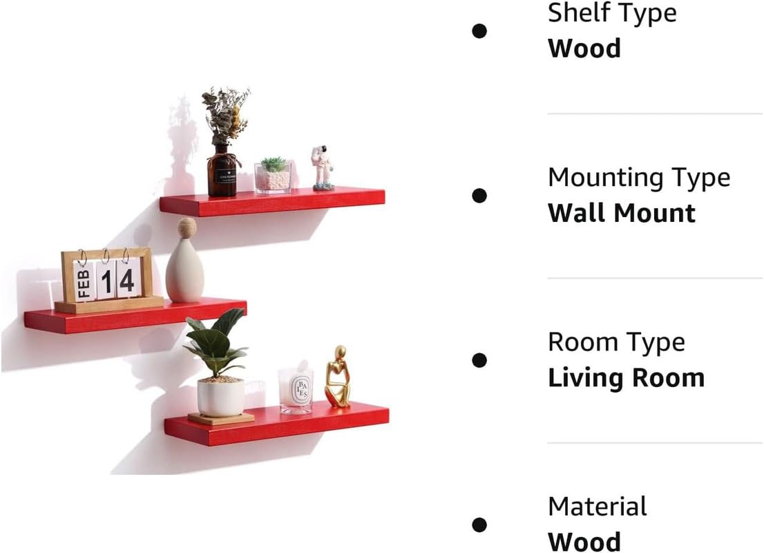 Generic Set of 3 Floating Shelves Wall Mounted Shelf, for Home Decor with 6"" Deep (red, 15.7 inch)