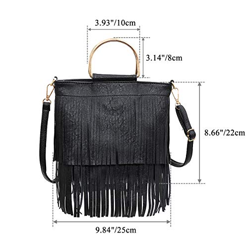 Ayliss Women Fringe Tassel Crossbody Bag Leather Shoulder Bag Hobo Handbag (Black)