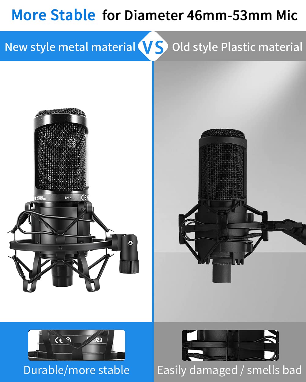 AT2020 Shock mount with Pop Filter [durable/more stable] by Etour - Mount Made from metal material to Eliminate Vibrations - Compatible with Diameter 46mm-53mm Microphone at2040 line Kit