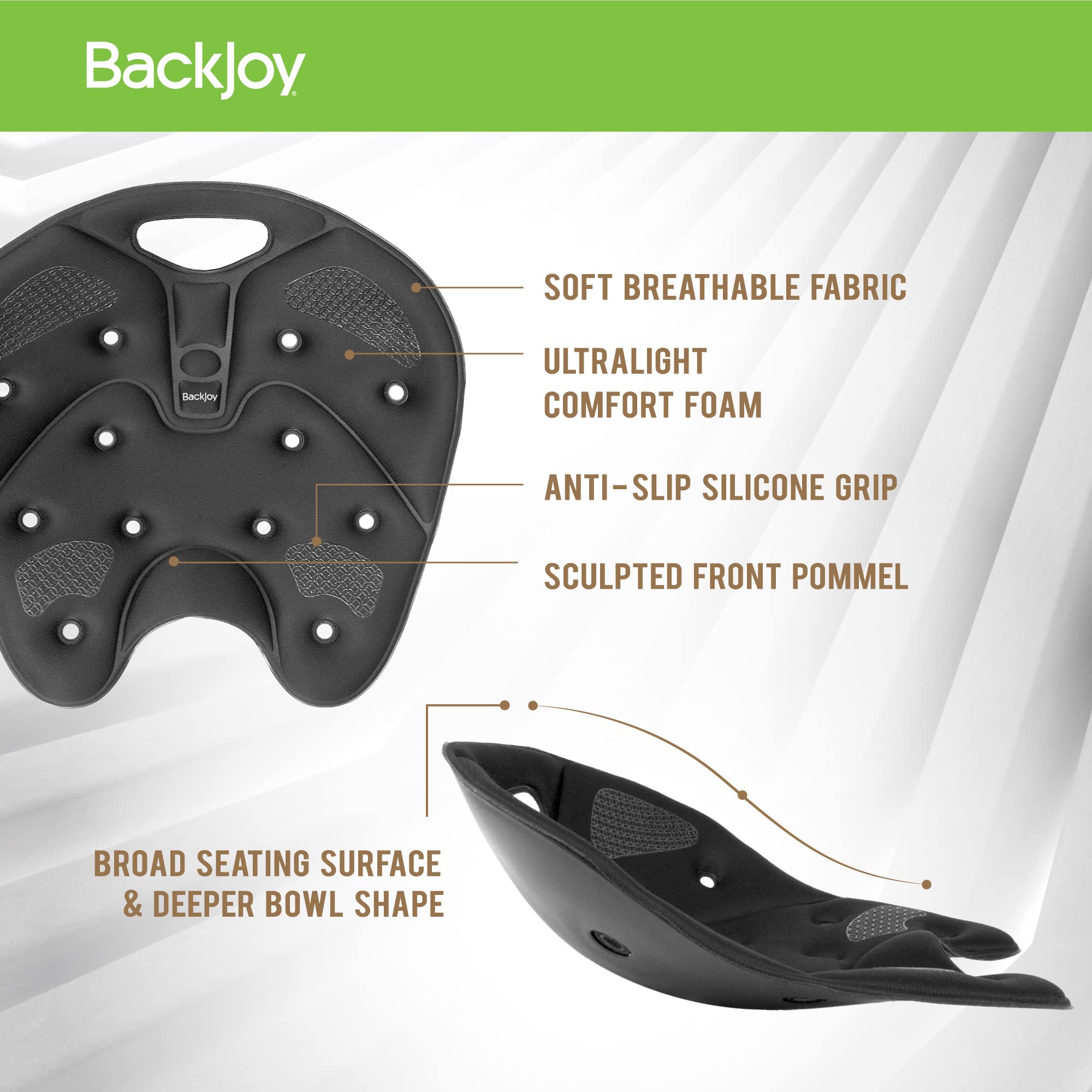 Backjoy Posture Seat Pad | Ergonomic Pressure Relief, Hip & Pelvic Support to Improve Posture | Home, Office Chair, Car Seat, Core Traction (Black) Fits M-XL HIPS